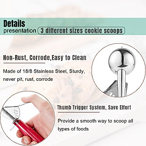 Cookie Scoop Set, Ice Cream Scoop Set, Multiple Size Large-Medium-Small Size Disher, Professional 18/8 Stainless Steel Cupcake Scoop