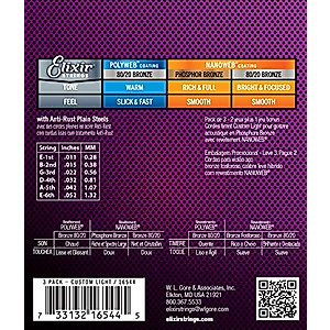 Elixir Strings, Acoustic Guitar Strings, Phosphor Bronze with NANOWEB Coating, Longest-Lasting Rich and Full Tone with Comfortable Feel, 6 String Set, 3 Pack, Custom Light 11-52