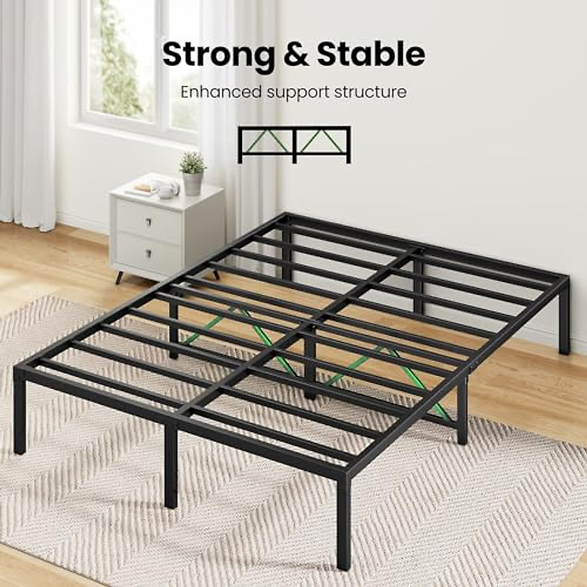 Marsail Queen Size Bed Frame, 14-Inch High Platform Bed with Steel Slat Support, Mattress Stoppers & Rounded Corners, Heavy-Duty Metal Platform, 1600 lbs Max Weight, No Box Spring Needed, MSBFQ02