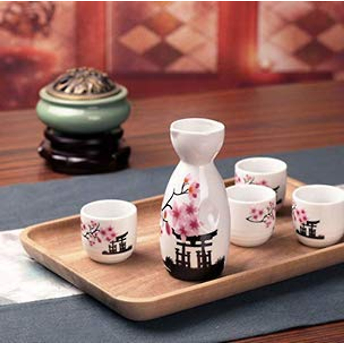 ABuff Japanese Sake Set, 1 Tokkuri Bottle & 4 Ochoko Cups, Spring Blossoms Ceramic Sake Set- Microwave and Dishwasher Safe