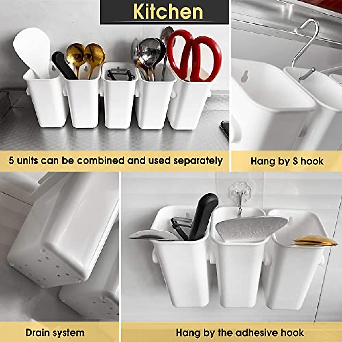 bystie Hanging Refrigerator Organizer, Desk Organization,Kitchen Storage & Bathroom Organizer, Makeup Organizer,Combinable 5 Pieces with Drain System, Stainless&Adhesive Hooks Included, BPA-free,White