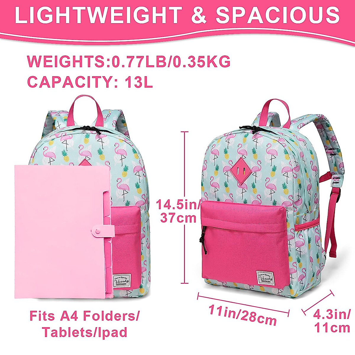 VASCHY Kids Backpack for Little Girls, Preschool Backpacks for Toddler with Chest Strap Cute Pineapple Flamingos