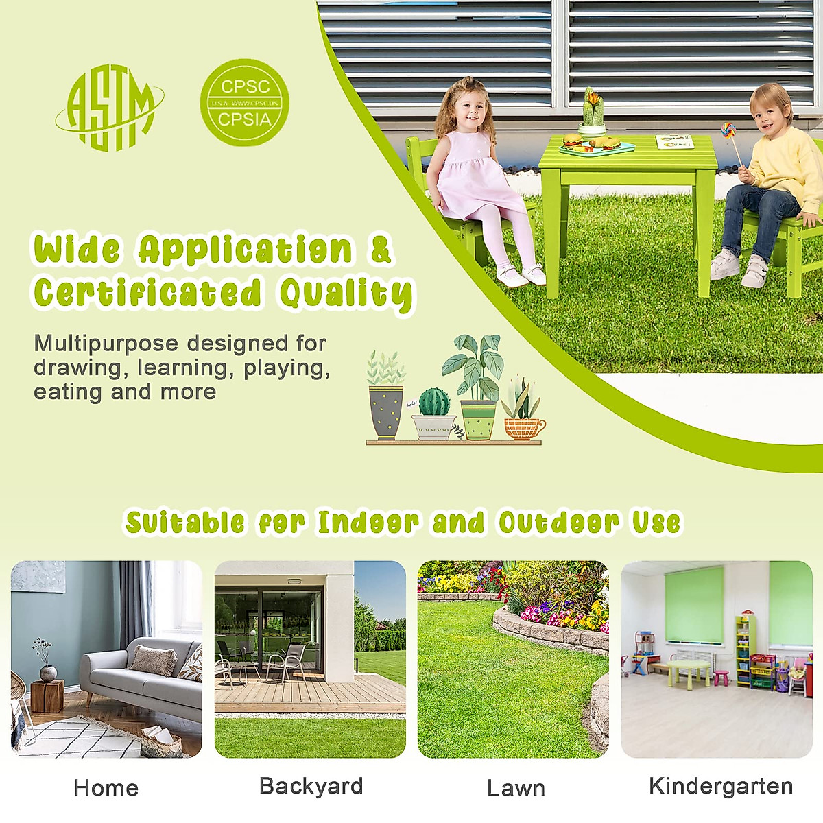 Costzon Kids Table and Chair Set, 3 Piece All-Weather Activity Table for Indoor & Outdoor, Heavy-Duty & Waterproof Furniture Set for Playroom, Nursery, Backyard, Toddler Table and Chair Set (Green)