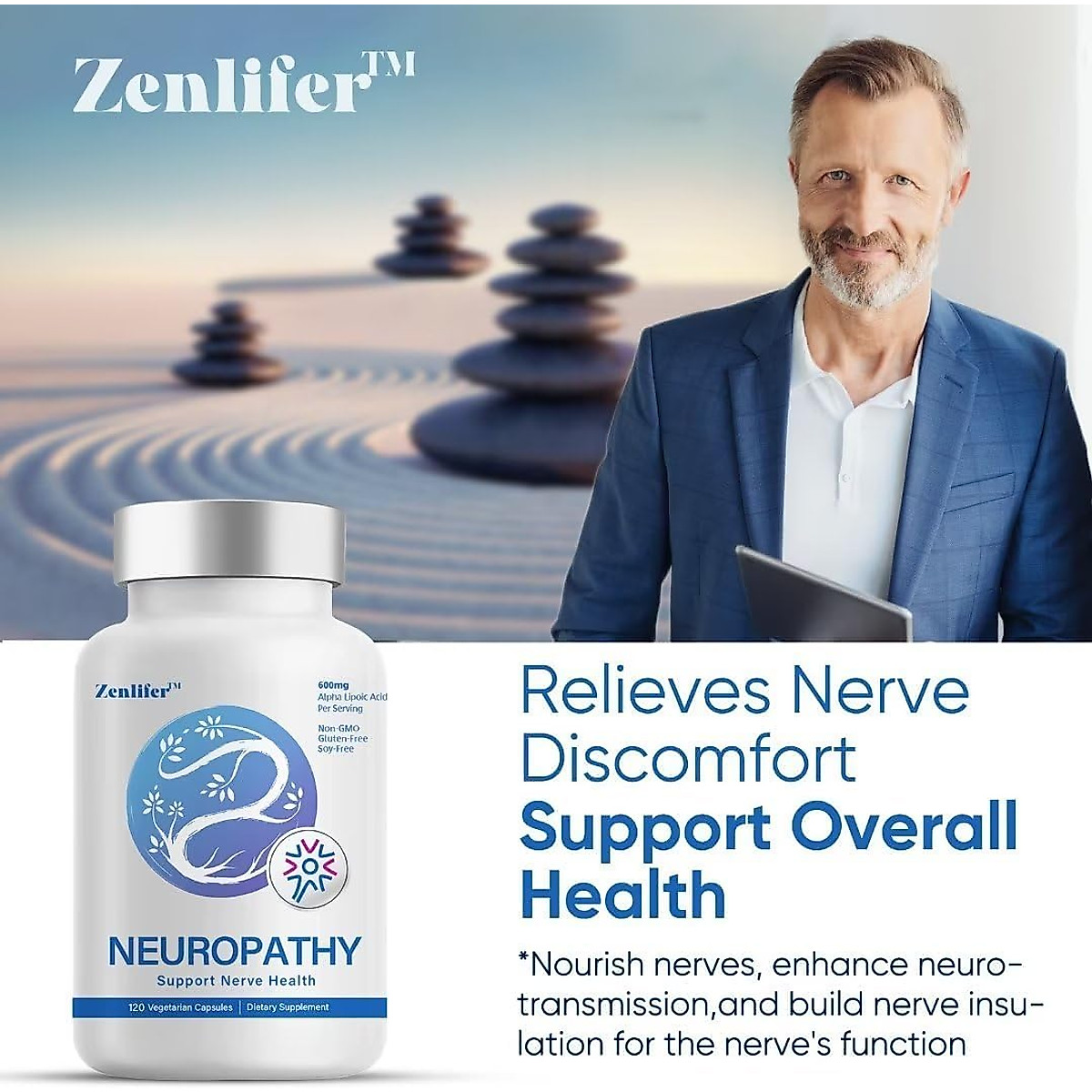 Zenlifer 120 Capsules Relief Pain Neuropathy Nerve Health Nutritional Blend with 600 mg Alpha Lipoic Acid-Benfotiamine, Peripheral,Hand Fingers Legs, Best Maximum Strength Natural Renew Vitamins