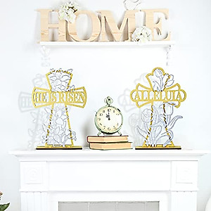 2 Pcs Easter Decorations Jesus Cross Sign Table Centerpieces Gold He Is Risen Cross Wood Tabletop 11in Alleluia Flower Christians Table Set Decor for Easter Tabletop Home Indoor Outdoor Spring Decor