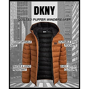 DKNY Boys Jacket – Midweight Insulated Quilted Outerwear Parka Puffer Coat – Water Resistant Boys Winter Hooded Jacket (8-20), Size 14-16, Timber