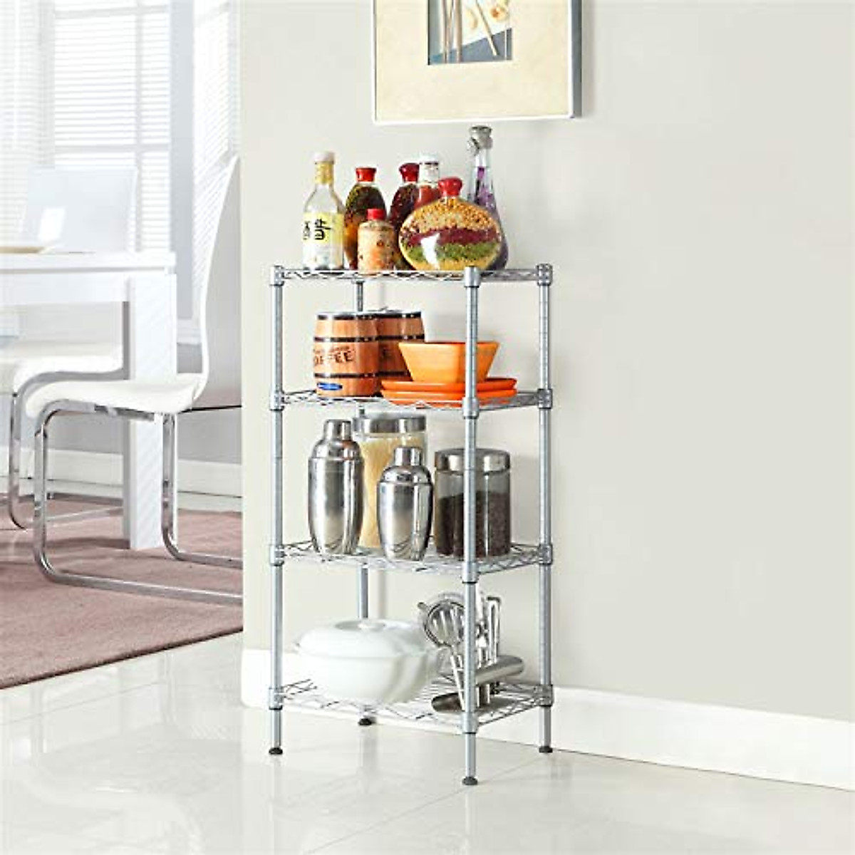 Volowoo Storage Shelf Wire Shelving Unit,Rectangle Carbon Steel Metal Storage Rack,Assembly Commercial Grade Adjustable Steel Wire Shelving Rack (Silver Gray, 4-Tier)