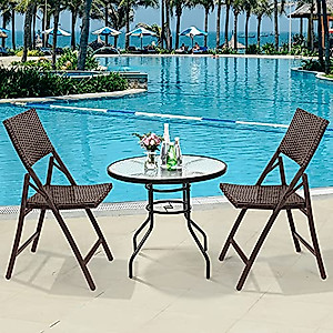 Tangkula 2 Pieces Patio Rattan Folding Dining Chairs, Outdoor Wicker Folding Chairs with Anti-Rust Steel Frame, Portable Patio Furniture Bistro Chairs for Garden, Poolside and Backyard
