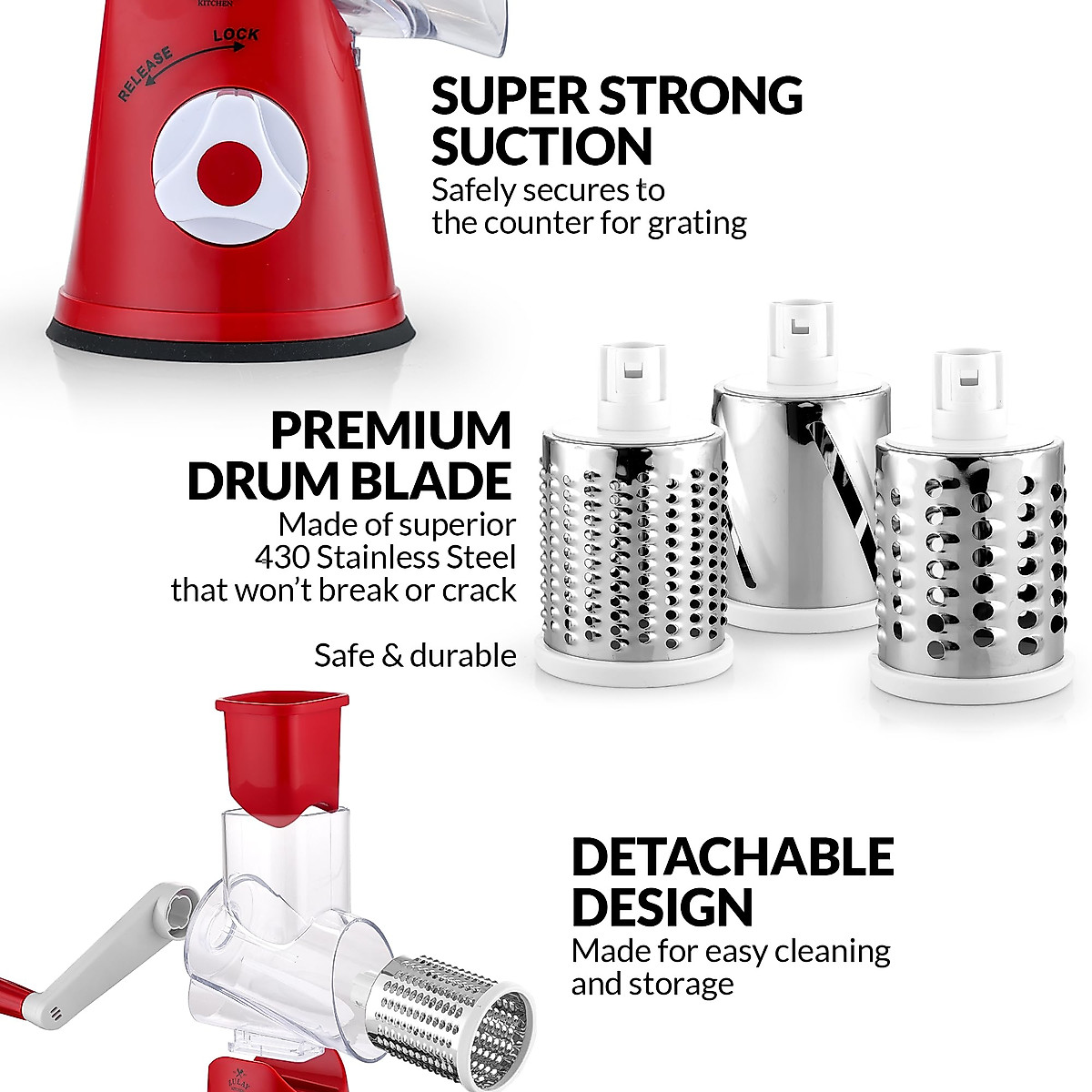 Zulay Kitchen Cheese Grater Hand Crank, Grater For Kitchen With Reinforced Suction - Rotary Cheese Grater With 3 Replaceable Stainless Steel Blades - Easy to Use & Clean - Vegetable Cutter - Red