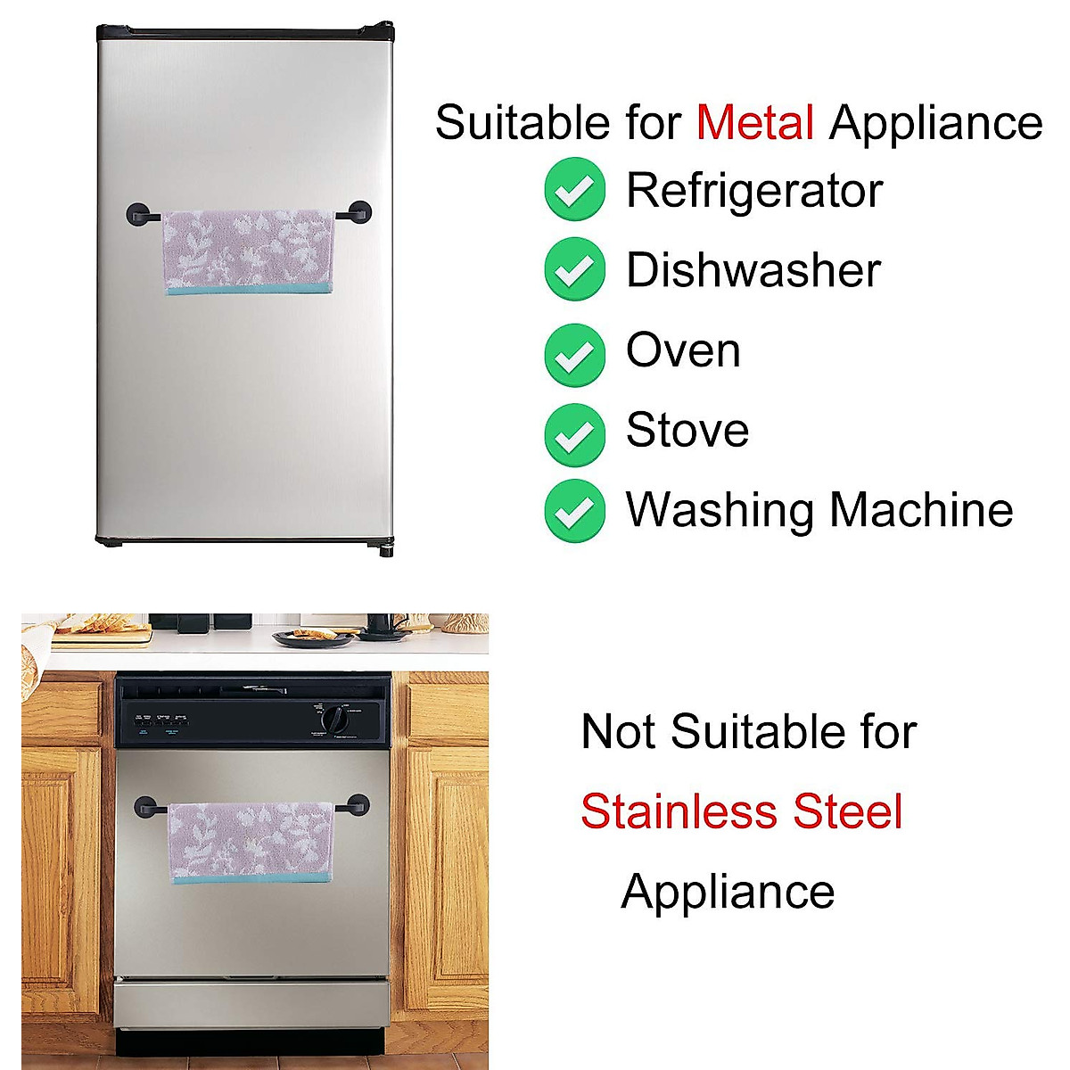 16 Inches Magnetic Towel Bar for Refrigerator, Magnetic Towel Holder Towel Hook Hanger for Fridge, Kitchen Stove, Oven, Dishwasher, Sink Laundry Washing Machine Black