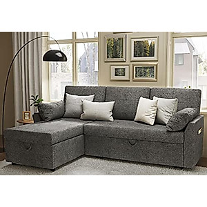 PaPaJet Sofa Bed, 2 in 1 Sofa Sleeper with Storage Chaise-Pull Out Couch Bed for Living Room, Sleeper Couch with Pull Out Bed Grey