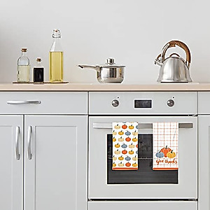 ENOZOUS Fall Kitchen Towels Set of 2, Thanksgiving Harvest Dish Towel Soft Pumpkins Plaid Tea Towel Large Size Hand Towel for Bathroom 18x28 Inch