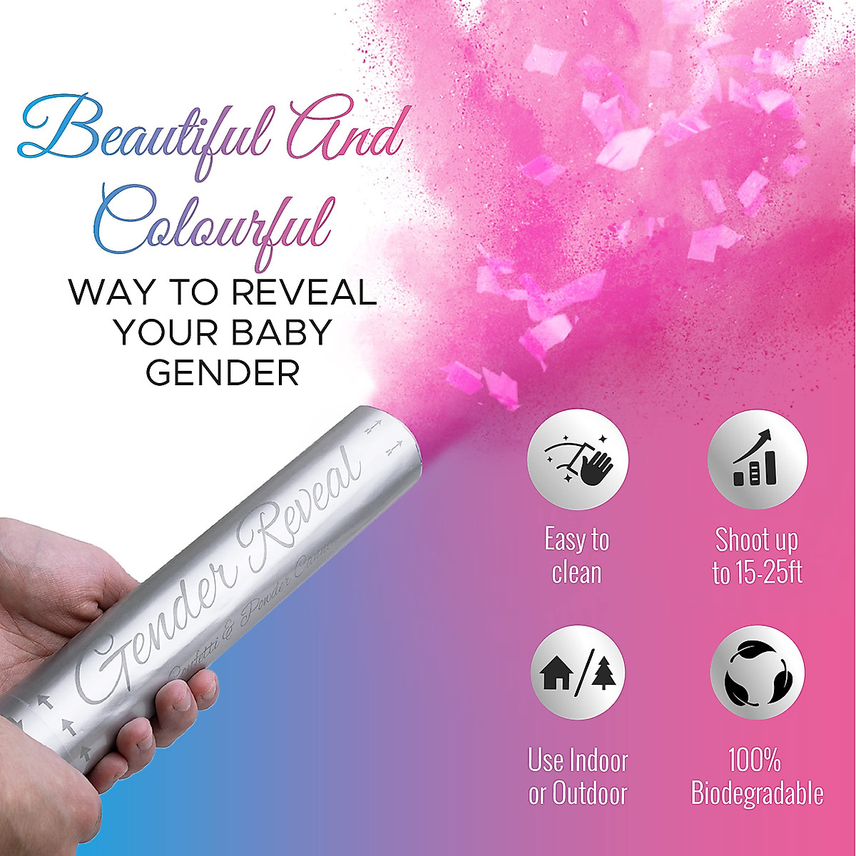 Santiago Design | Gender Reveal Confetti Cannon Poppers - Set of 4 (2 Blue 2 Pink) - 100% Biodegradable Confetti Tissue & Safe Powder Smoke - Baby Boy Girl Gender Reveal Party Supplies