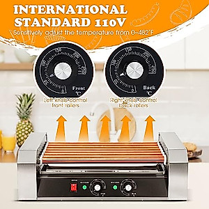 Yexiya 110V Electric Hot Dog Roller Machine Stainless Steel Grill Cooker Machine 7 Rollers Hot Dog Warmer with Oil Brush, Clip, Dishcloth and 100 Pcs Bamboo Sticks for Kitchen Canteen House Restaurant