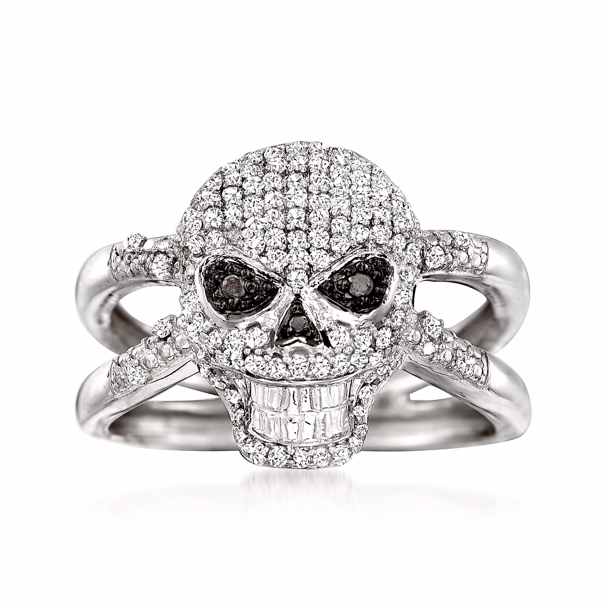 Ross-Simons 0.50 ct. t.w. Black and White Diamond Skull Ring in Sterling Silver. Size 5