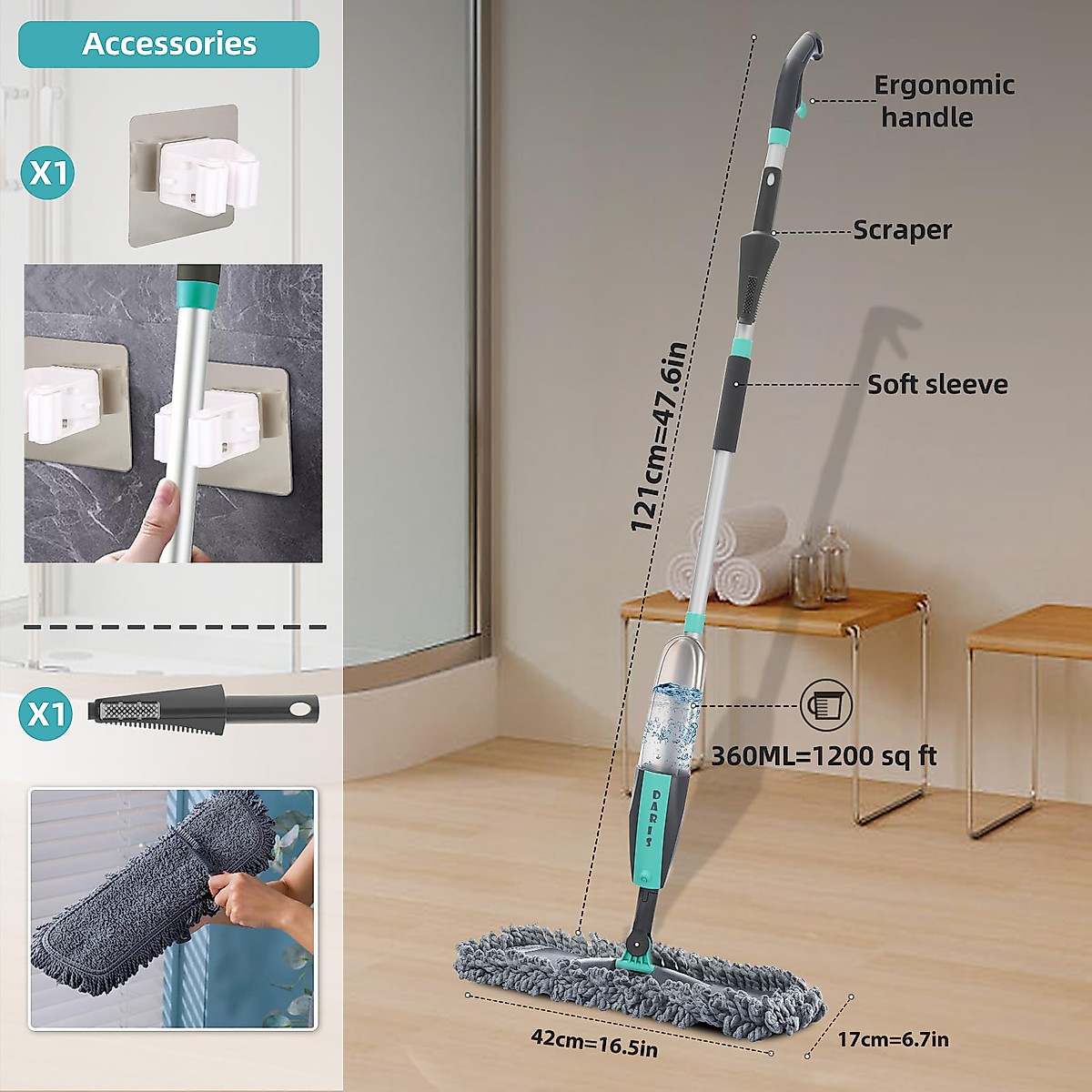 Microfiber Spray Mop for Floor Cleaning Wet Dry, Home Kitchen Hardwood Floor 360° Spin Flat Dust Mops with 12 FL.OZ. Refillable Bottle Include 4 Microfiber Reusable Pads 1 Scrubber and 1 Mop Holder