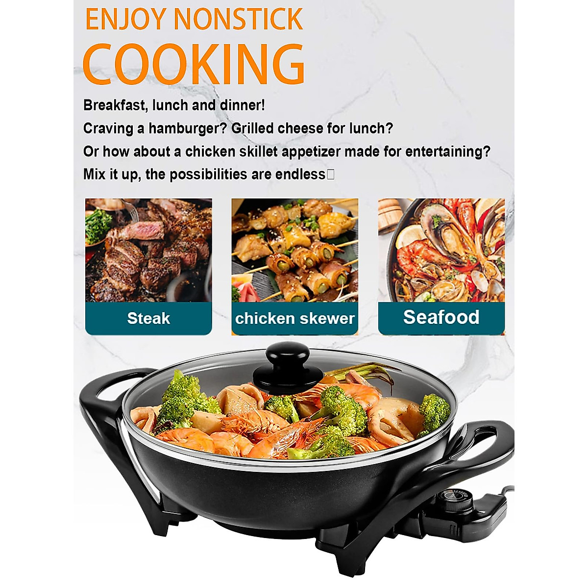Electric Wok With Lid Nonstick - Electric Skillet Serves For 6 People, Portable Countertop Cooking Wok, 5-Dial Temperature Control, 13inch, Black