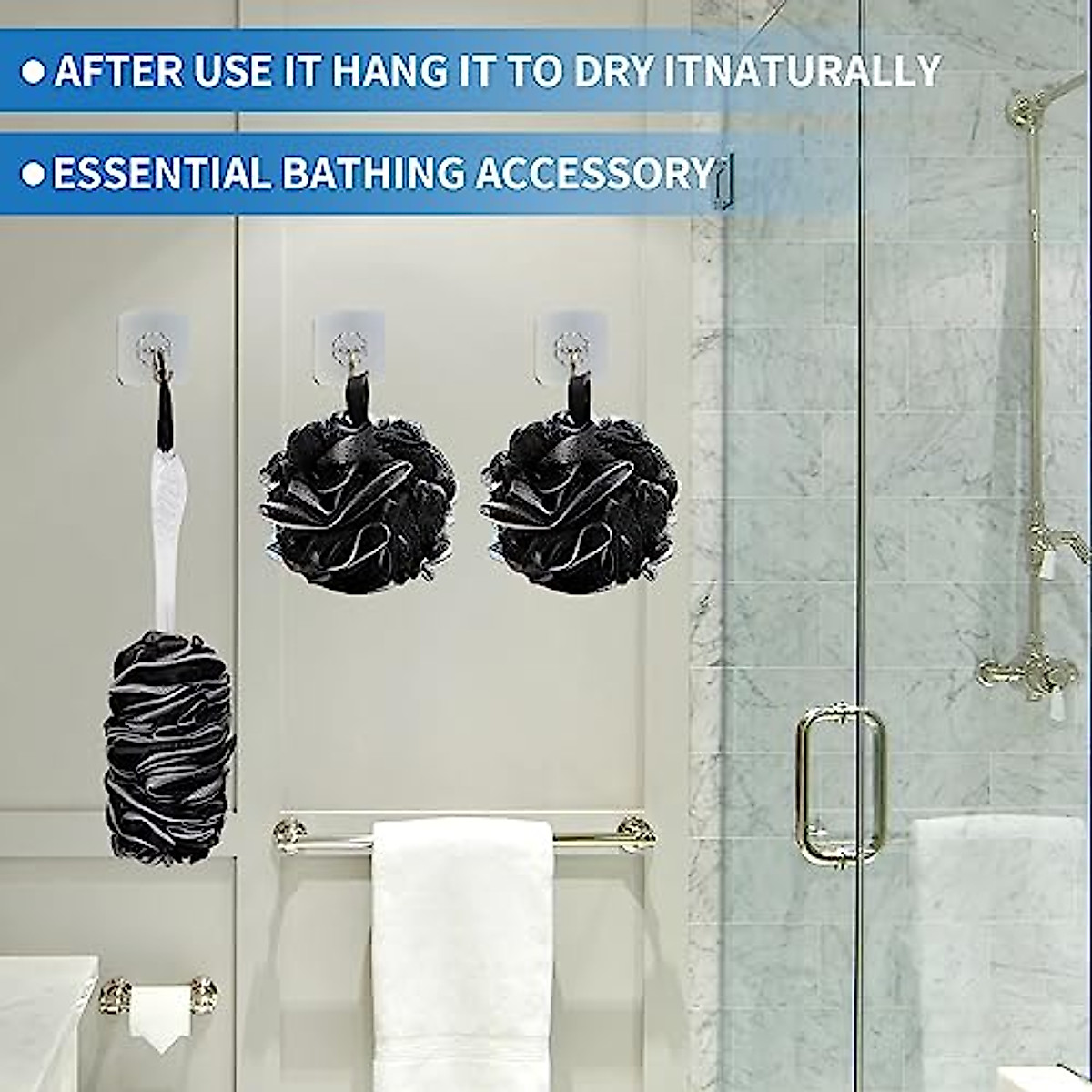 BCKENEY Bath Loofah Sponge Back Brush with Long Handle Extra Large 75g Soft Mesh Shower Poufs for Women & Men - Exfoliator Bathing Accessories (3Pcs 75G XL Charcoal Black)