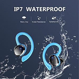 Wireless Earbud, Sport Bluetooth 5.1 Earbud with Earhooks Wireless Earphones in-Ear with Immersive Sound, Bluetooth Headphones IP7 Waterproof, Noise Cancelling, Dual LED Display, 48H Playtime, Blue