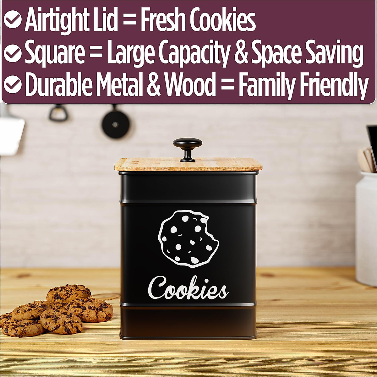 Cookie Jar with Airtight Bamboo Lid - 6"W x 6"D x 8"H Black Iron Cookie Tin - Large Cookie Jars with Lids Airtight - Farmhouse Cookie Jars for Kitchen Counter Decorative - Cute Cookie Jar Airtight Lid