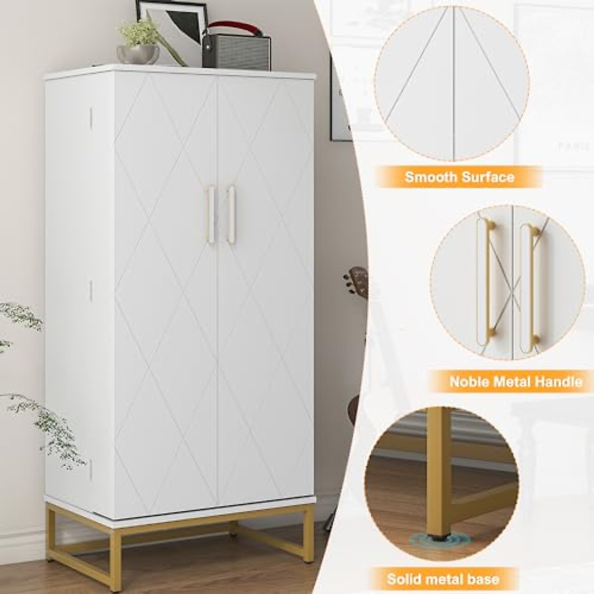 kepptory 51” Pantry Cabinets, White Freestanding Kitchen Pantry Storage Cabinet with Adjustable Shelves, Buffet Cupboards Storage Cabinet for Home Office Use, White + Gold