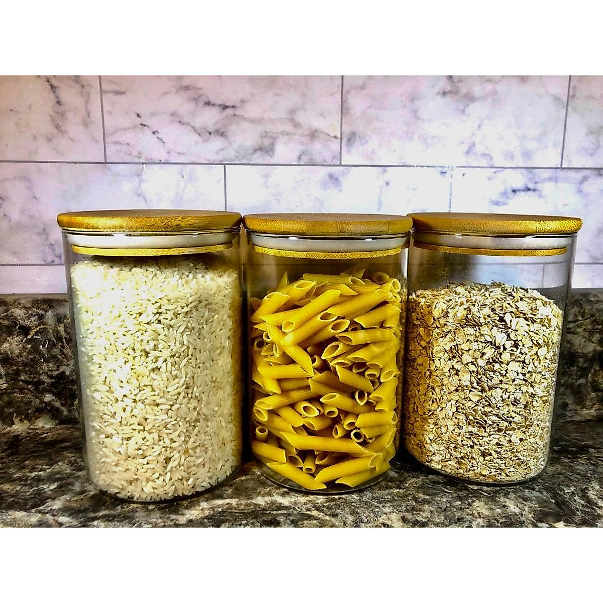 Glass Food Storage Containers Jar Seal Bamboo Lids, Stackable 30oz Set of 3, Pantry Storage Jar for Flour rice Cereal Sugar Tea Coffee Beans Snacks