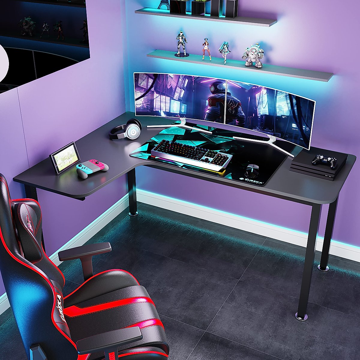 DESIGNA Gaming Desk 60",L-Shaped Computer Corner Desk with Large Mouse Pad,Ergonomic Gamer Table Workstation, Sturdy Metal Frame, Left Side Rustic Brown