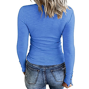 KINLONSAIR Women’s Long Sleeve Henley T Shirts Button Down Slim Fit Tops Scoop Neck Ribbed Knit Shirts