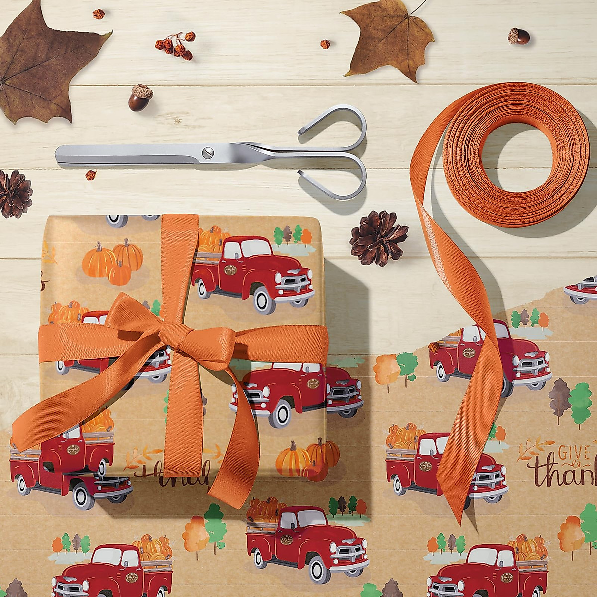 WRAPAHOLIC Kraft Thanksgiving Wrapping Paper Roll - Mini Roll - 17 Inch x 33 Feet - Car Pumpkins and Give Thanks Lettering Design, Perfect for Thanksgiving, Autumn, Party, Holiday