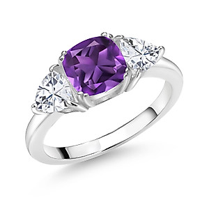 Gem Stone King 925 Sterling Silver Purple Amethyst and White Moissanite 3 Stone Engagement Ring For Women (2.34 Cttw, Gemstone February Birthstone, Available In Size 5, 6, 7, 8, 9)