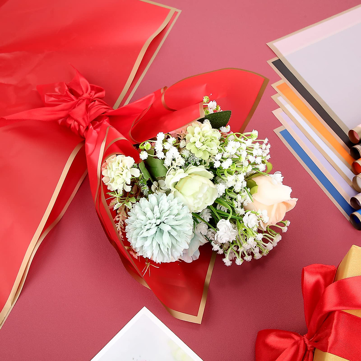 Yahenda 420 Sheet Flower Wrapping Paper Flower Bouquet Wrapping Paper Sheets with Gold Edge Korean Style Wrapping Paper for DIY Craft Gift Package Decoration Floral Supplies, 23 x 23 Inch (Elegant