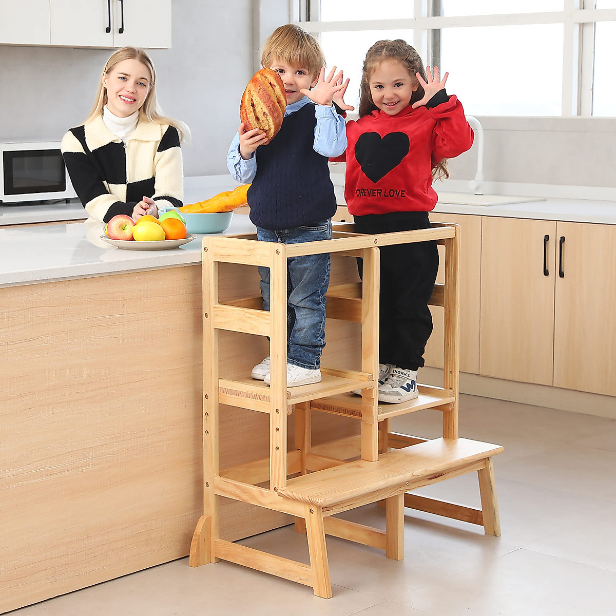 SDADI Kitchen Step Stool Tower for 2 Kids, Adjustable Height Double Learning Stool, Solid Wood Construction Toddler Tower (Natural)