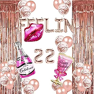 Funny 22 Balloons Rose Gold 22nd BDAY Party Decorations Sweet 22/Hello 22/Cheers to 22/22 & Fabulous/22nd Anniversary/Red Kissy Lips/Champagne Bottle Theme 22nd Birthday Party Supplies