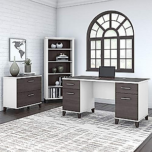 Bush Furniture Somerset Office Desk with Lateral File Cabinet and 5 Shelf Bookcase, 60W, White and Storm