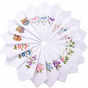 Geyoga 18 Pieces Ladies Cotton Handkerchiefs Flower Embroidered with Lace Colored Embroidered Handkerchiefs for Women (Classic Styles)