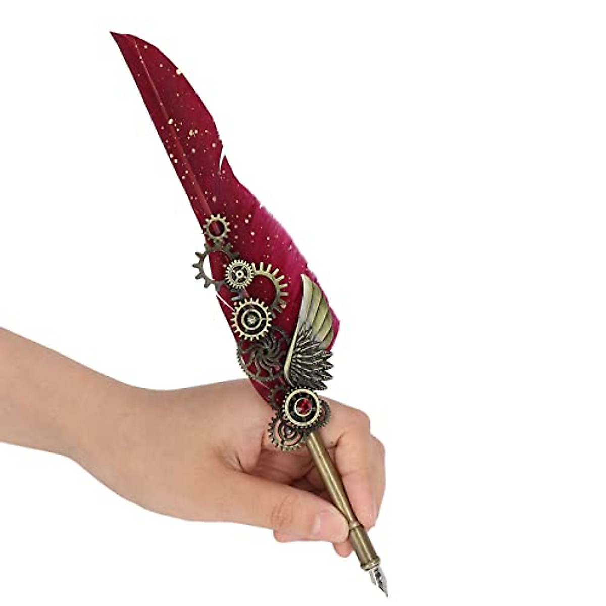 GLOGLOW Feather Pen Set, Vintage Calligraphy Quill Pen Set with 5 Nibs Stamp Pen Holder Letter Knife Spoon Empty Ink Bottle for Calligraphy Lovers Wine Red