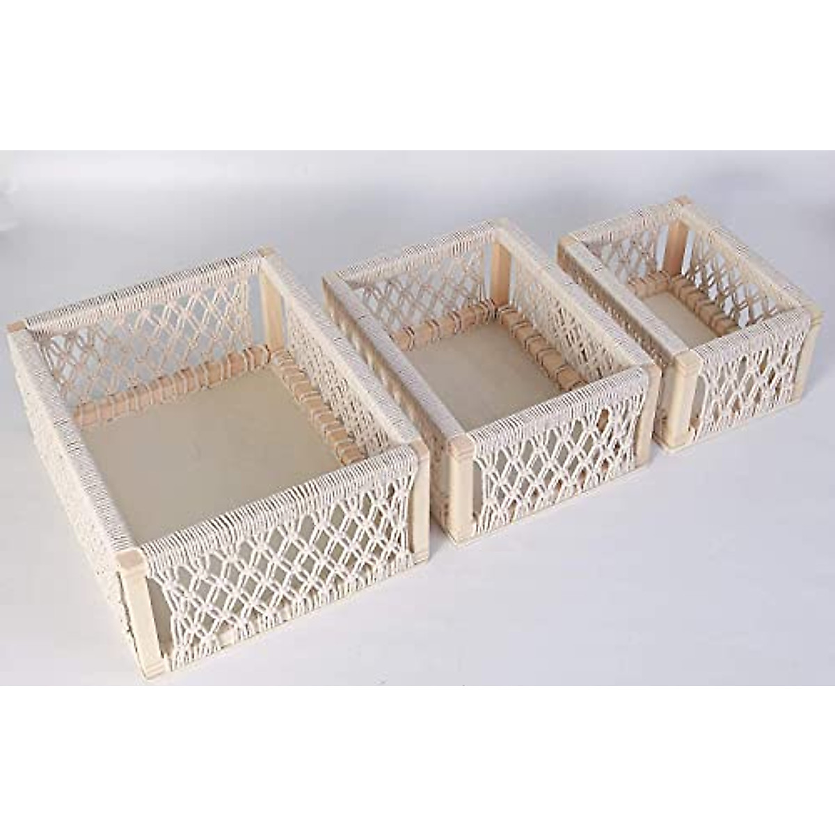 Macrame Storage Baskets for Shelves and Closet, Boho Decorative Boxes for Home Decor, Perfect Pampas Grass Holder at Living Room(White, Set of 3)