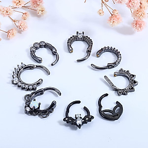 Drperfect 8MM Septum Rings 16G Daith Earrings Piercing Jewelry Surgical Stainless Steel CZ Opal Septum Clicker Rings Alien Bat Septum Hinged Segment Nose Rings Cartilage Helix Tragus Hoops