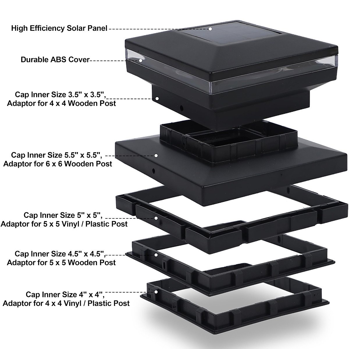 Dynaming 6 Pack Solar Post Lights, Outdoor Decorative Post Cap Light, Solar Powered Black Shell Caps, BrightnePatio, FWhite LED Lighting for Fence Deck Patio, Fit 4x4, 5x5 or 6x6 Vinyl/Wooden Posts