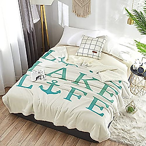 Sherpa Blanket Flannel Fleece Throws Summer Love Lake Life Rudder Anchor,Soft Warm Cozy Fuzzy Throw Blankets Turquoise Text on White,Shaggy TV Throw for Sofa Couch Bed Camping All Season 50x60In
