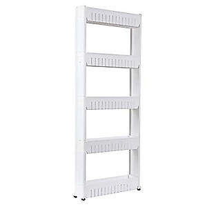 5.1in Slim Rolling Storage Cart on Wheels Narrow Plastic Shelf Unit Movable 5-Tier Thin Storage Utility Cart Rack for Bathroom, Bedroom, Office, Kitchen, Living Room (White, 5-Tier)