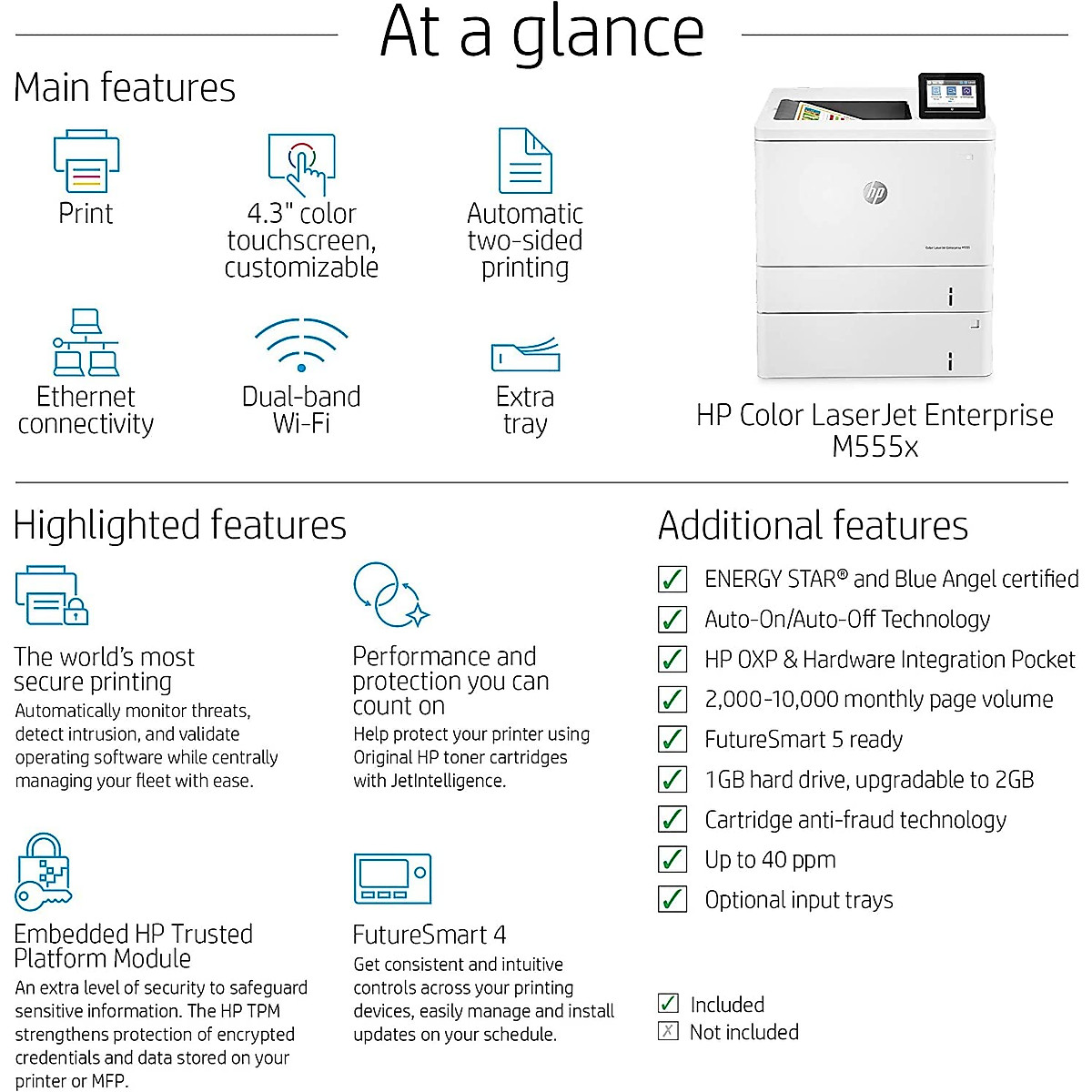 HP Color Laserjet Enterprise M555x Single-Function Wireless Laser Printer with 3 Paper Trays, White - Print only - 4.3" Touchscreen, 40 ppm, 1200 x 1200 dpi, Auto Duplex Printing, Cbmou Printer Cable