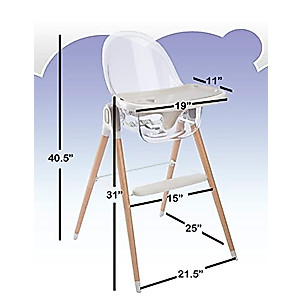 Primo Vista 3-in-1 Convertible High, Toddler, & Rocking Chair, Clear, Transparent Seat, Grows with Child, Modern Style, Adjustable Wooden Legs, Easy to Use, Assemble, Safe & Sturdy, 21.5 x 25 x 40.5"