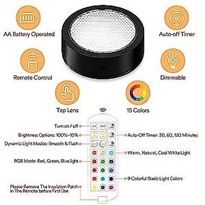 TECOMLIGHT LED Puck Lights with Remote & Timer, Battery Operated Wireless Under Cabinet Lights, Stick on Tap Light, RGB & Warm White Under Counter Light for Kitchen, Closets, Shelf, 5 Pack - Black