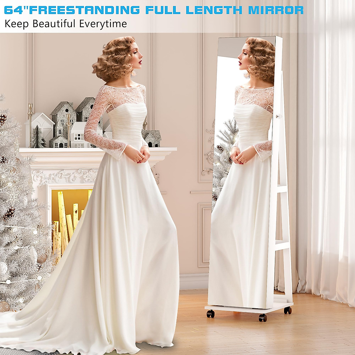 Lvifur 360° Rotating 64'' Jewelry Armoire with 6 LEDS, Full Length Mirror Large Capacity Jewelry Organizer Armoire, Lockable Floor Standing Mirror with 4 rollers for Bedroom, Cloakroom