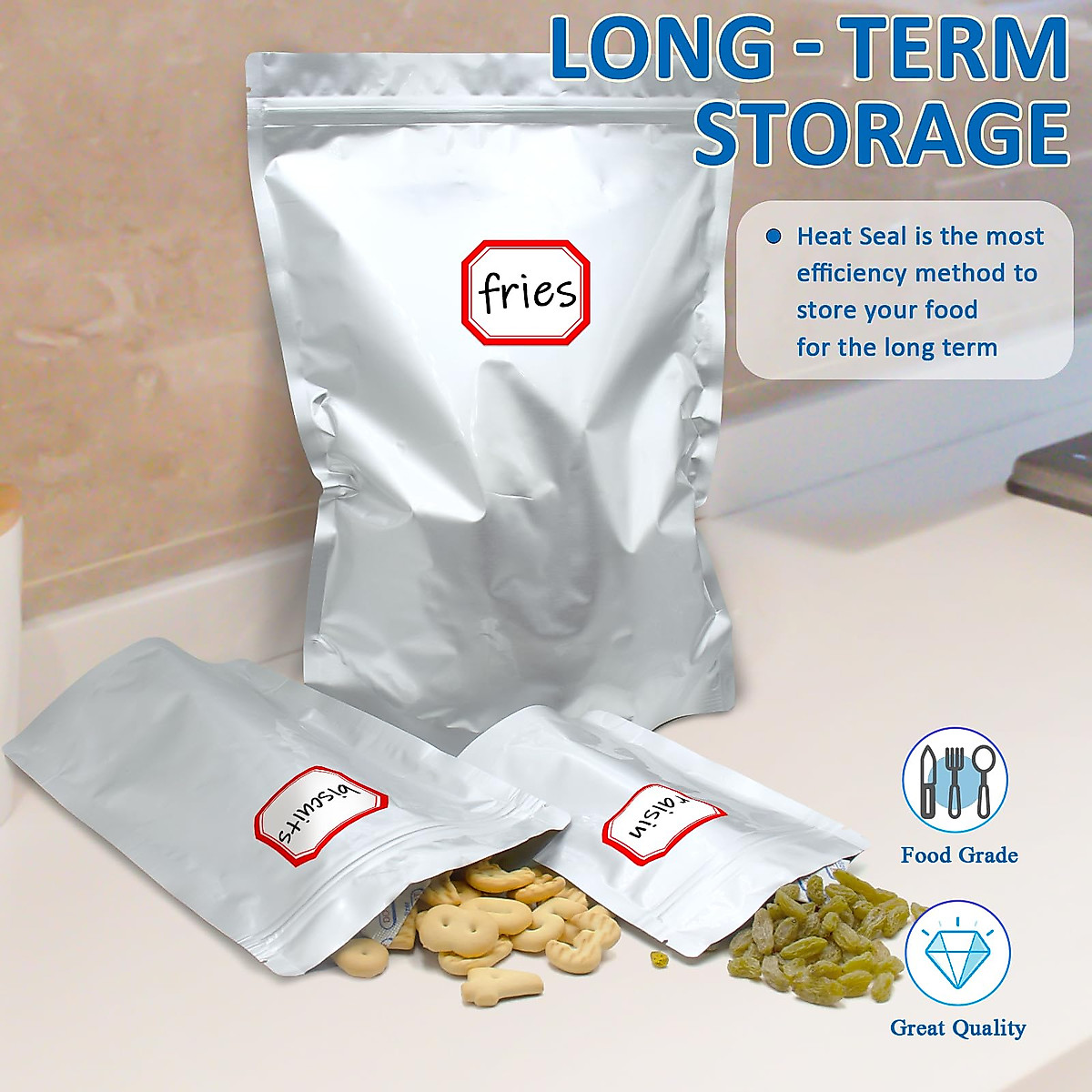 100 Pack Mylar Bags for Food Storage with 100x300cc Oxygen Absorbers - 9 Mil 10"x14" 6"x9" 4.3"x6.3" - Resealable Bags for Packaging Products & Ziplock Food Grade Bags for Storage
