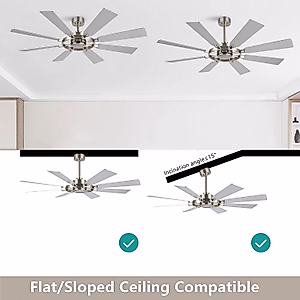 ELEHINSER 60 Inch Ceiling Fan without Lights, Wood 8 Blades 6-Speed Noiseless Reversible DC Motor, Modern Large Remote Control Ceiling Fan for Bedroom Dining Living Room, Nickel Finish+Silver