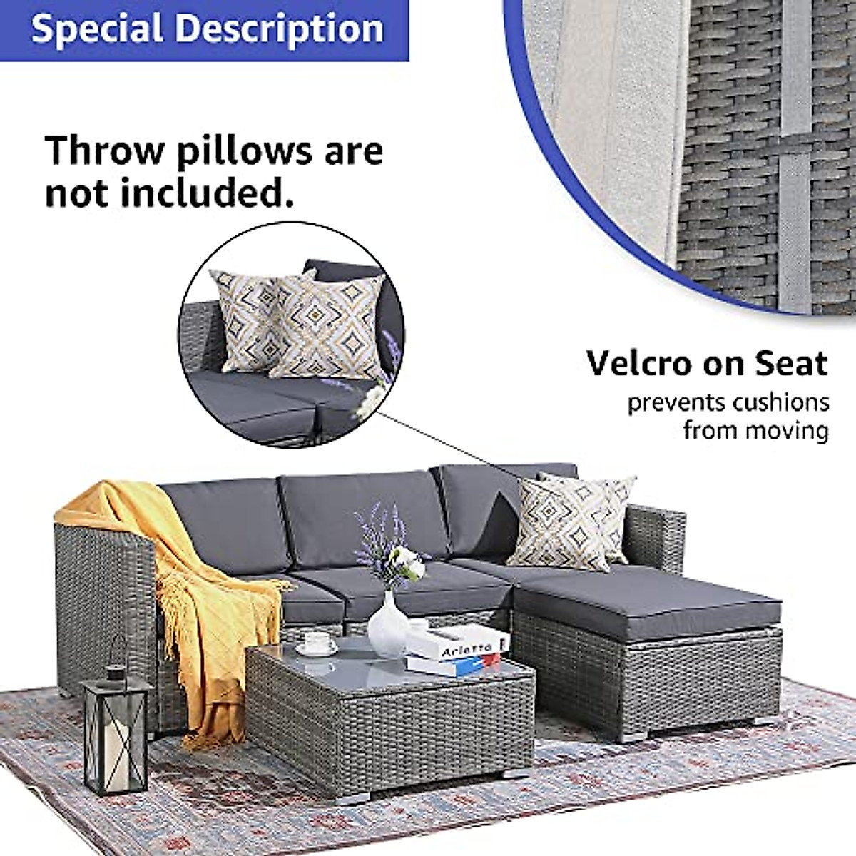 Patiorama 5 Piece Outdoor Patio Furniture Set, Outdoor Sectional Conversation Set, All-Weather Grey PE Wicker w/Dark Grey Cushions, Outdoor Backyard Porch Garden Poolside Balcony Furniture Set