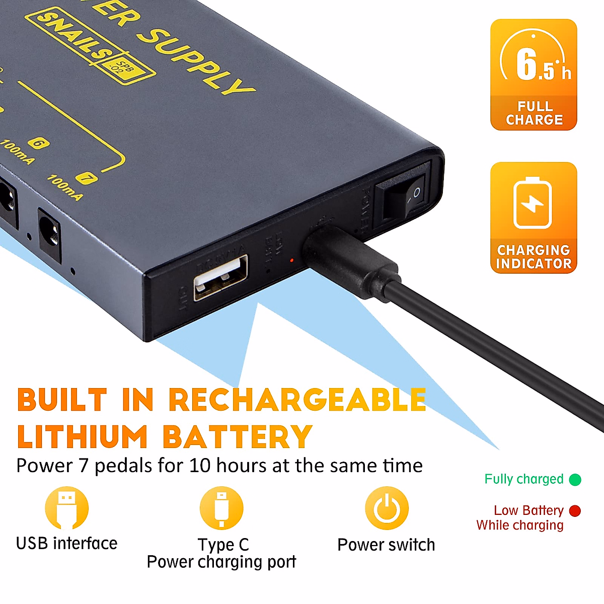 lotmusic Portable Guitar Pedal Power Supply 7 Isolated DC Output, Built-in 3.7V/10000mAh Rechargeable Battery for 9V Guitar Bass Effect Pedals with Short Circuit/overcurrent Protection