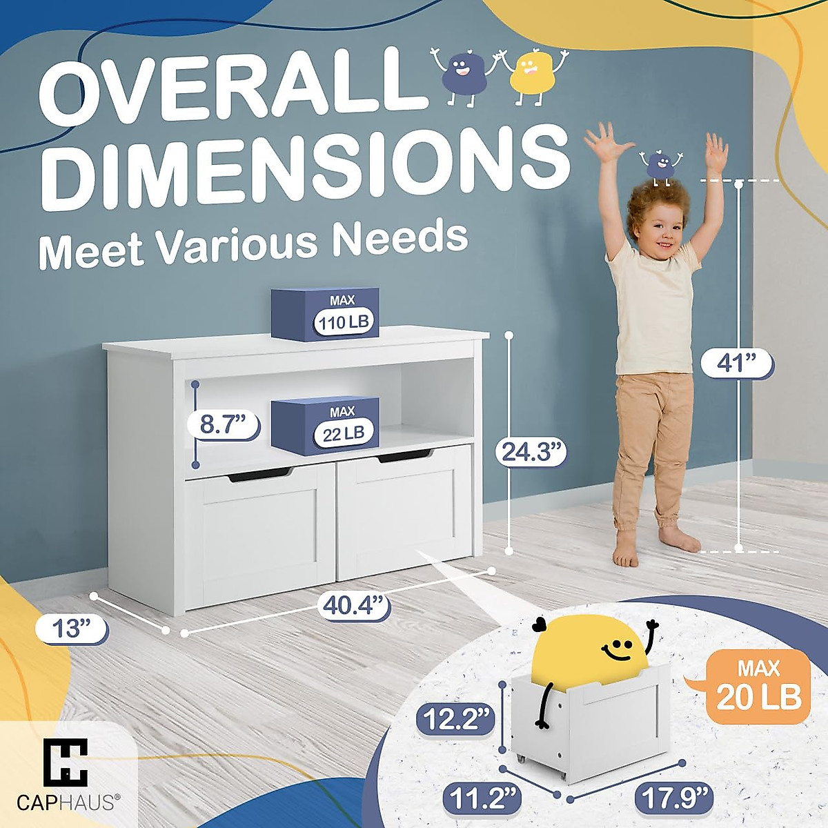 CAPHAUS Toy Storage Organizer with 2 Wheeled Drawers, White, Playroom Organization and Storage, Floor Toy Box with Wheels and Shelf, for Kids, Boys and Girls, Nursery, Playroom and Bedroom